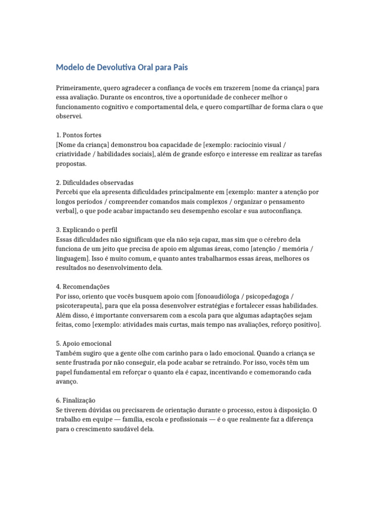 Modelo Devolutiva Oral para Pais | PDF