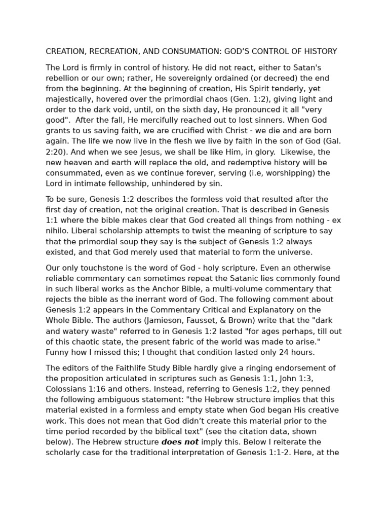 CREATION RECREATION AND CONSUMATION - GODS CONTROL OF HISTORY | PDF | Genesis Creation Narrative ...