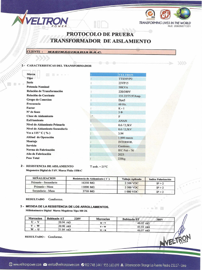 Protocolos de Prueba - Transformadores | PDF