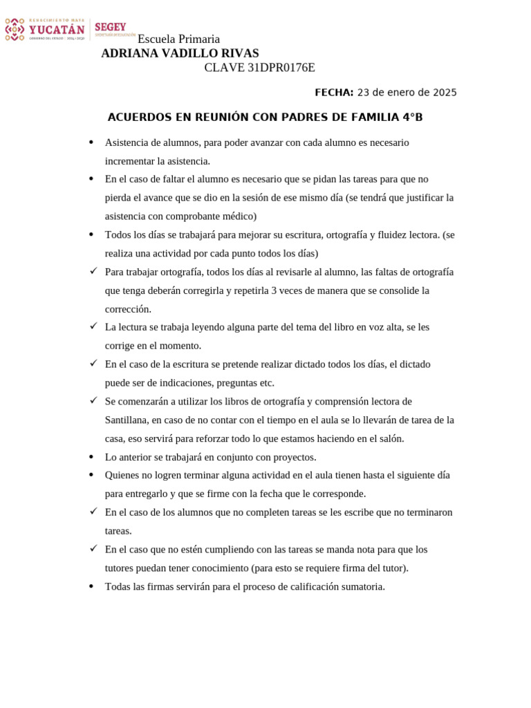 Acuerdos en Reunión Con Padres de Familia 4 | PDF