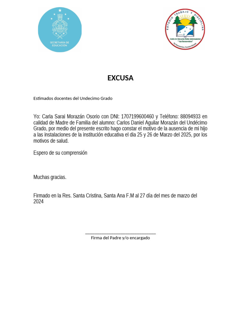 Formato de Excusa Formato de Excusa | PDF