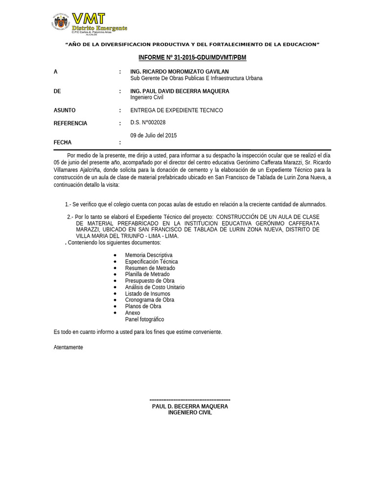 Informe sobre Aula en Colegio Gerónimo Cafferata | PDF | Ingeniero ...