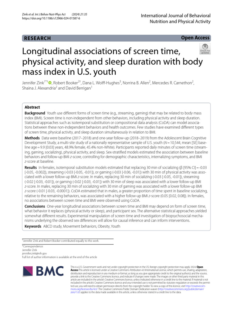 Longitudinal Associations of Screen Time, Physical Activity, and Sleep Duration With Body Mass ...