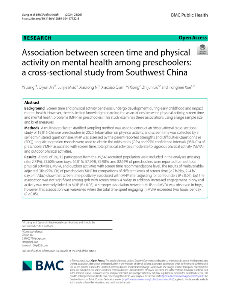Association Between Screen Time and Physical Activity On Mental Health Among Preschoolers A ...