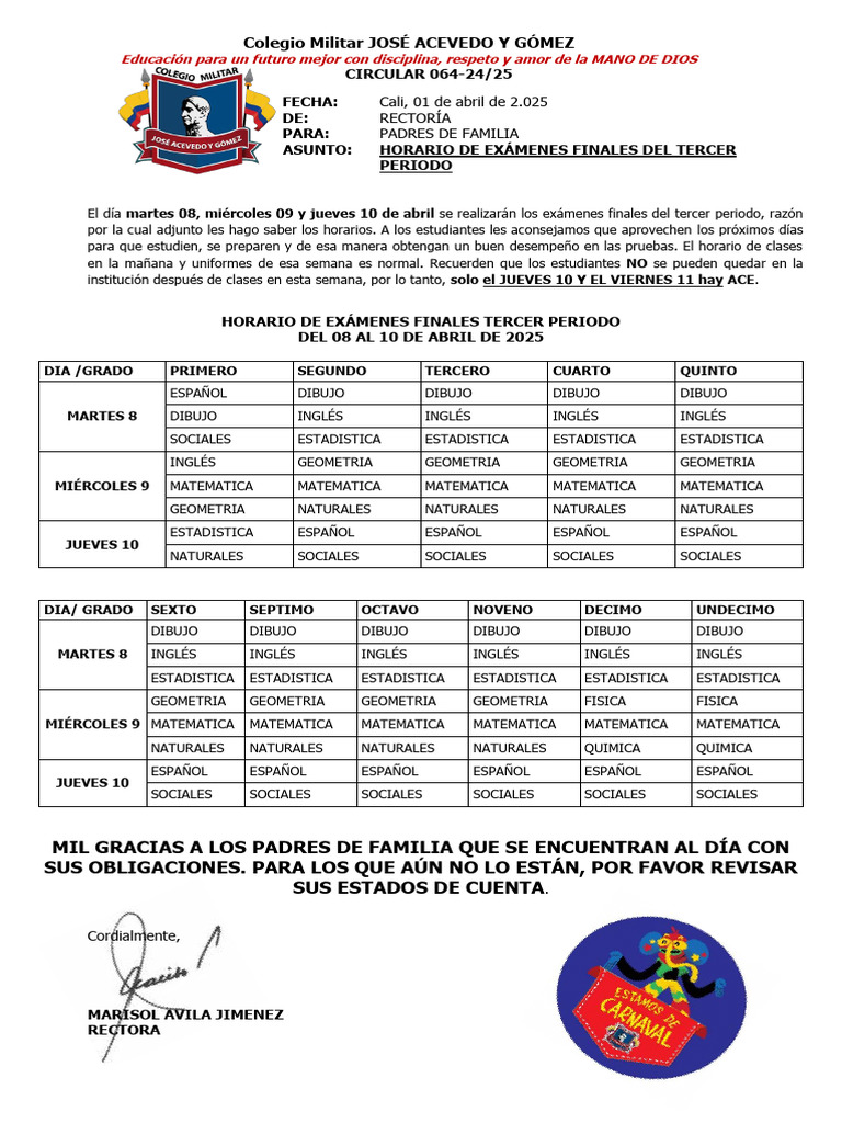 Circular 064 EXAMENES FINALES 3P PDF | PDF | Estadísticas