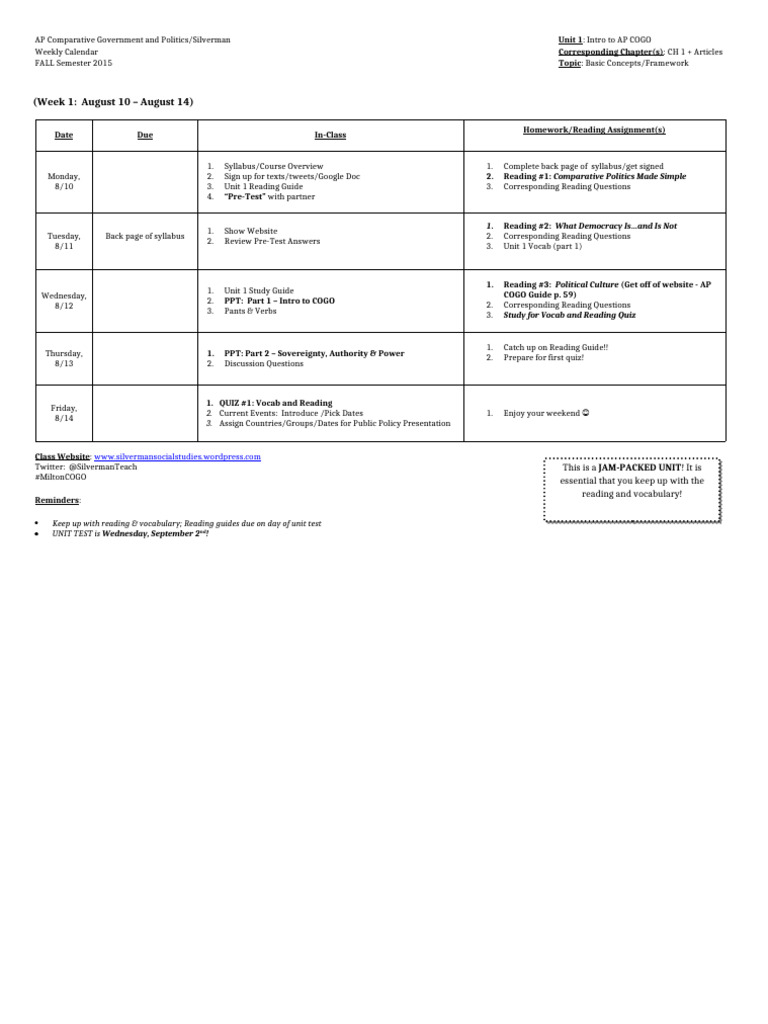 U1 Week 1 Calendar Fall1 | PDF