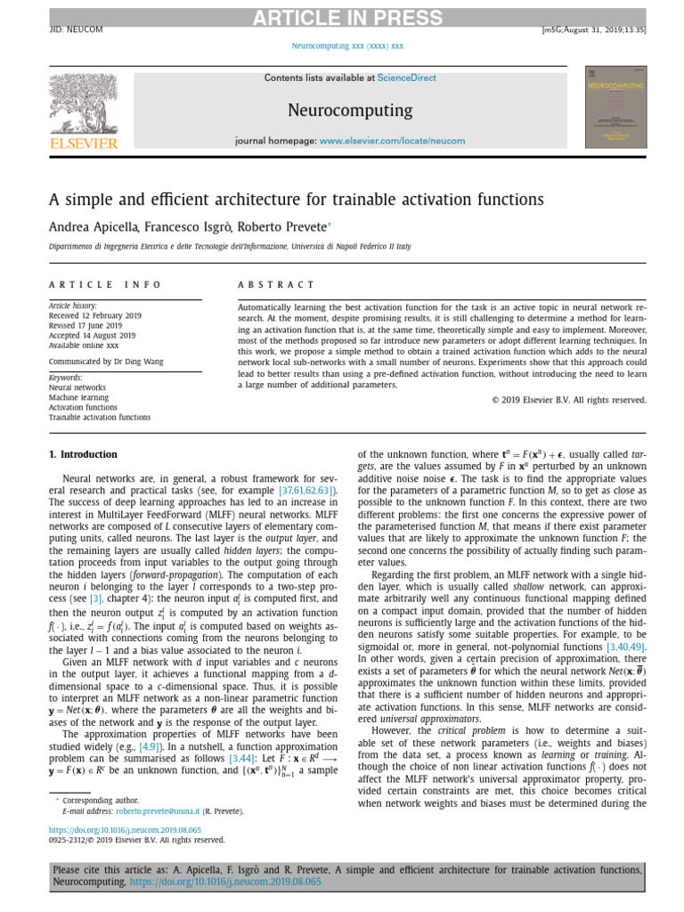 Apicella Et Al. 2019 - A Simple and Efficient Architecture For Trainable Activation Functions ...