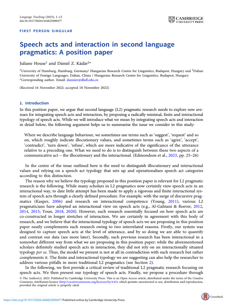 Speech Acts and Interaction in Second Language Pragmatics A Position ...
