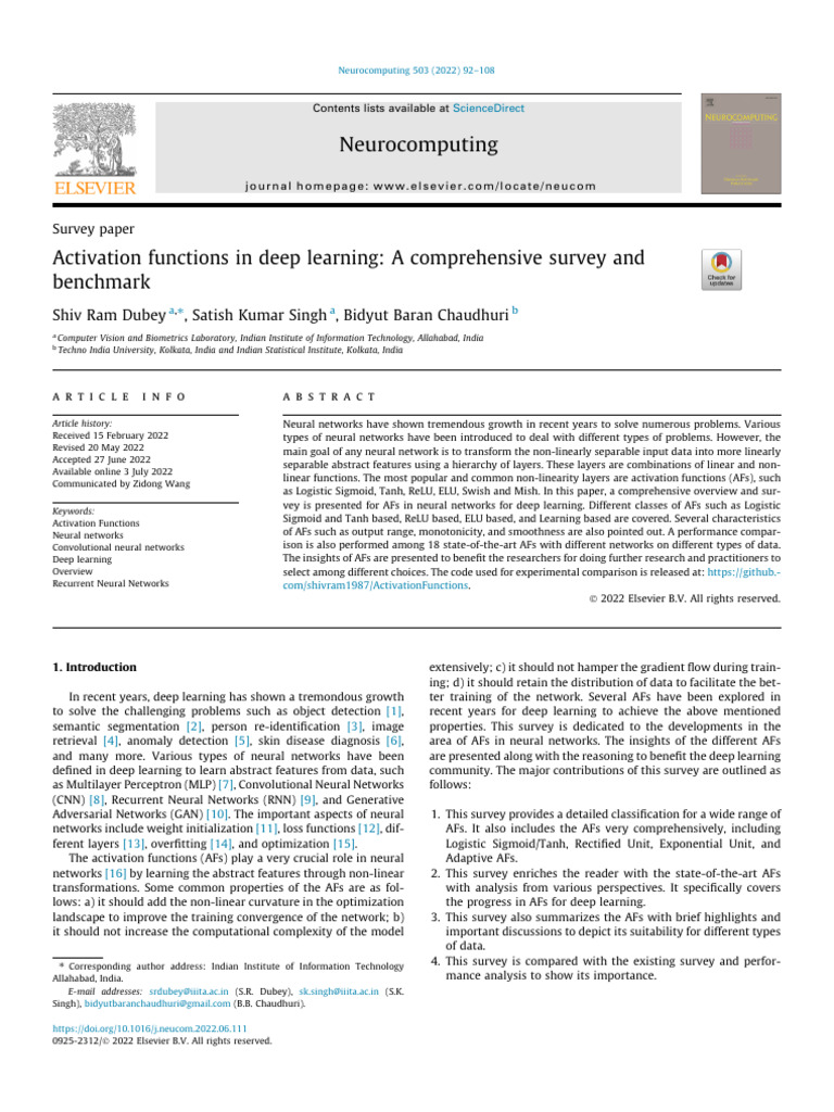 Dubey et al. 2022_Activation functions in deep learning_ A comprehensive survey and benchmark ...