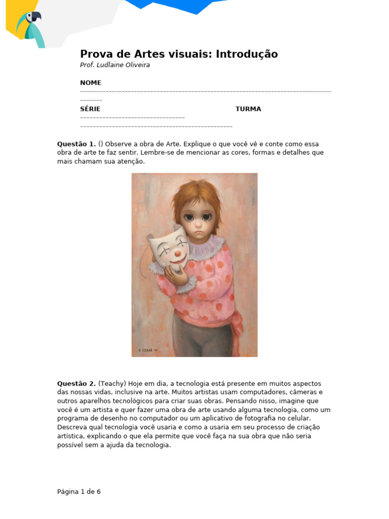 Prova de Artes Visuais e Tecnologia | PDF | Desenho | Cor