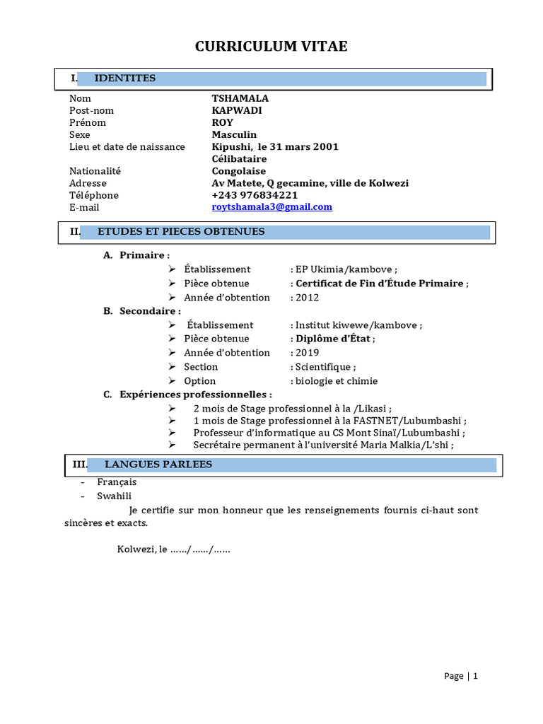 CV de Roy Tshamala Kapwadi | PDF