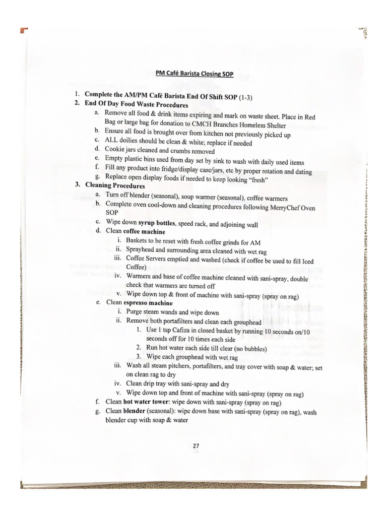PM Café Barista Closing SOP | PDF