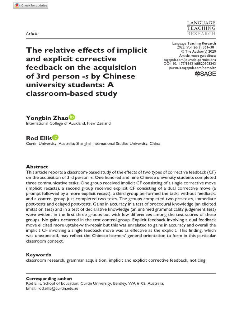 Zhao Ellis 2020 The Relative Effects of Implicit and Explicit Corrective Feedback On The ...