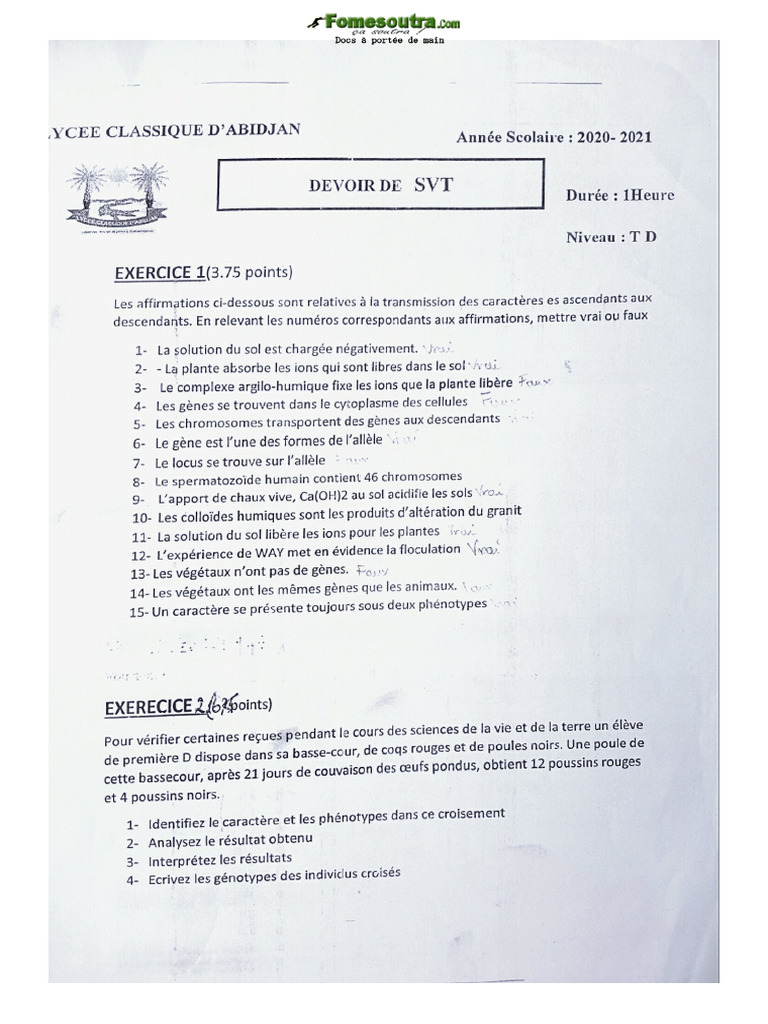 Devoir SVT TleD Lycee Classique | PDF