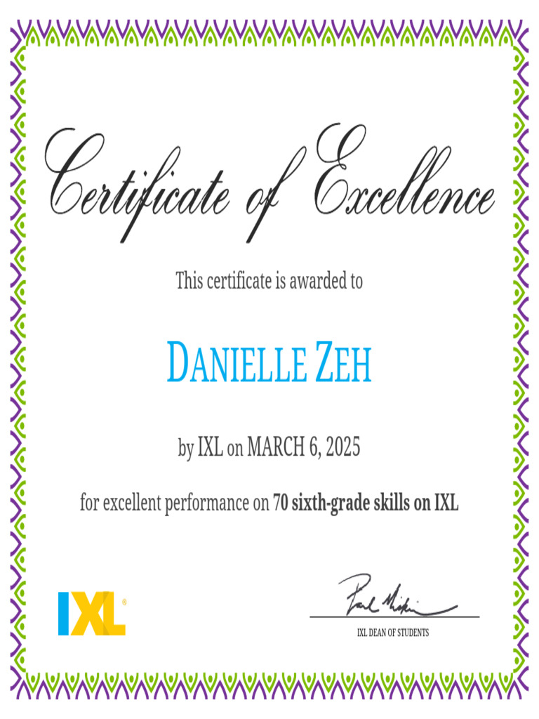 IXL Certificate for Danielle Zeh | PDF