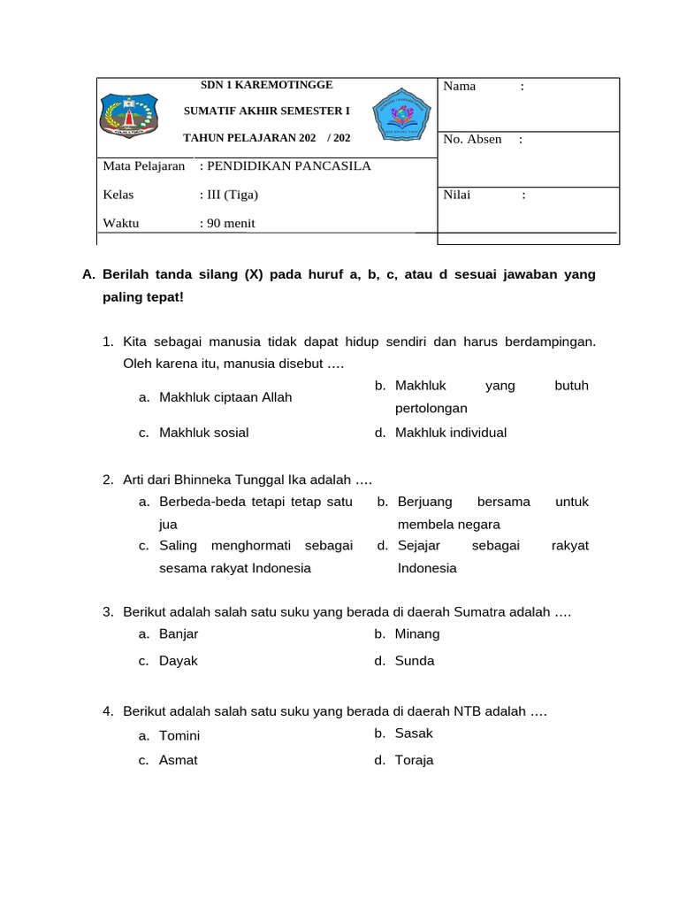 Soal Ujian PPKn Kelas III SDN 1 Karemotingge | PDF