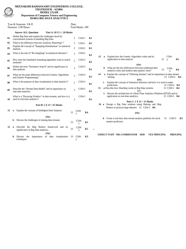 DS4015 Big Data Analytics Model Exam | PDF | Analytics | Statistics