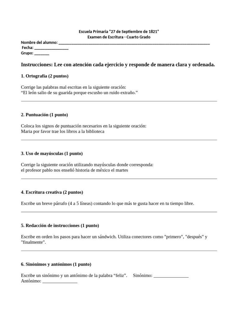 EXAMEN DE ESCRITURA 4B | PDF | Puntuación | Comunicación humana