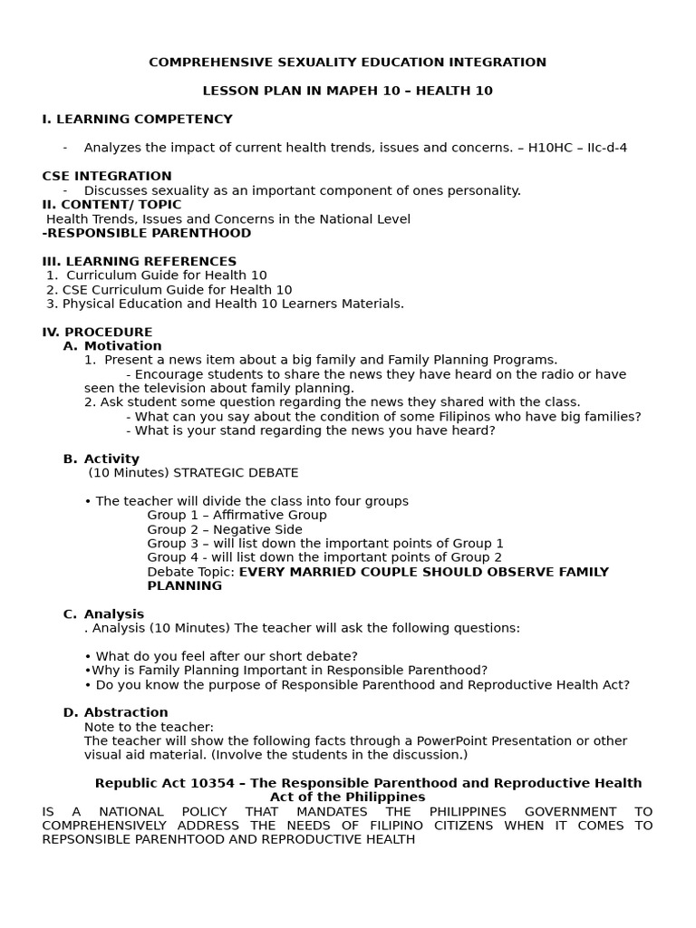 Sexuality Education Lesson Plan for MAPEH 10 | PDF | Sex Education ...