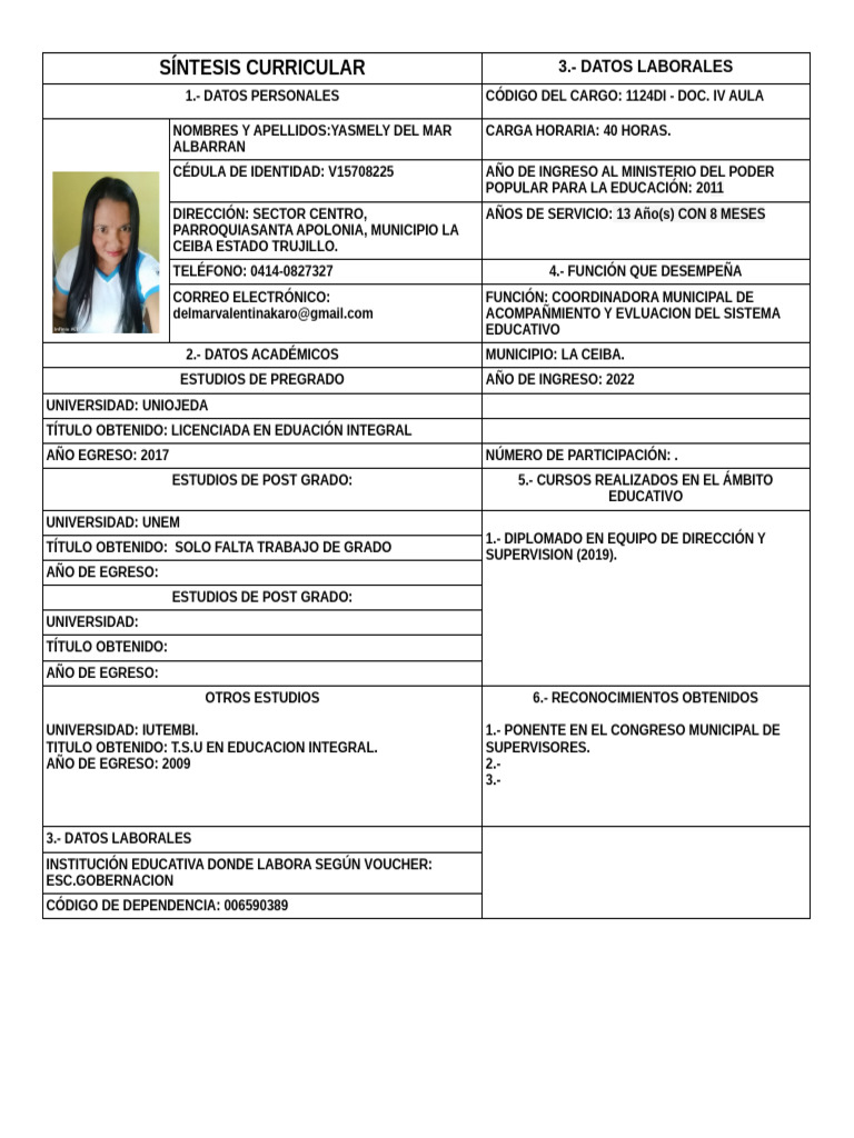 Ficha Curricular Yasmely | PDF