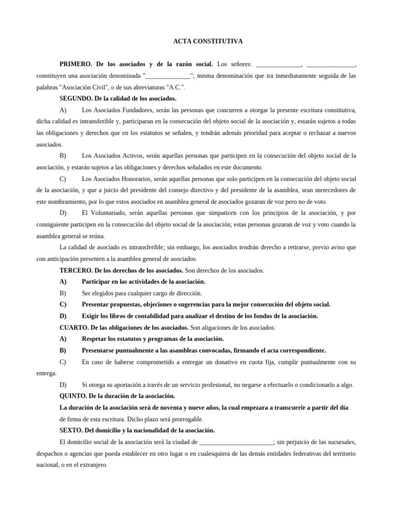 ACTA CONSTITUTIVA, ESTATUTOS Y PRIMERA ASAMBLEA DE UNA SOCIEDAD CIVIL 2 | PDF | Sociedad de ...