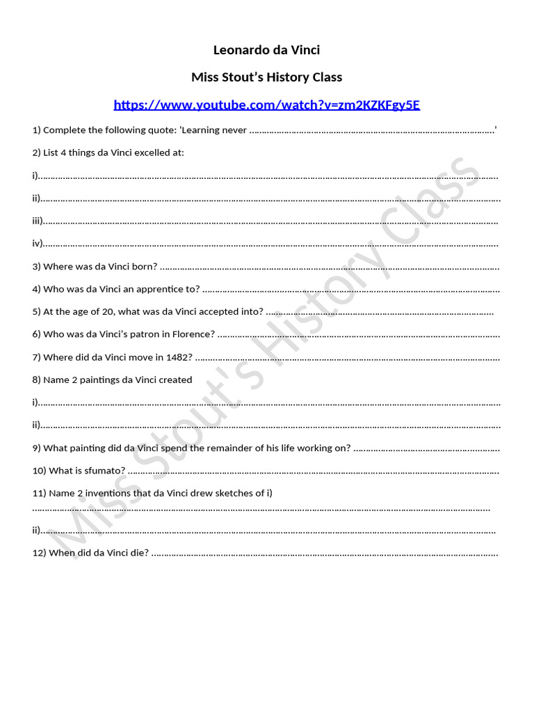Leonardo da Vinci Worksheet Guide | PDF