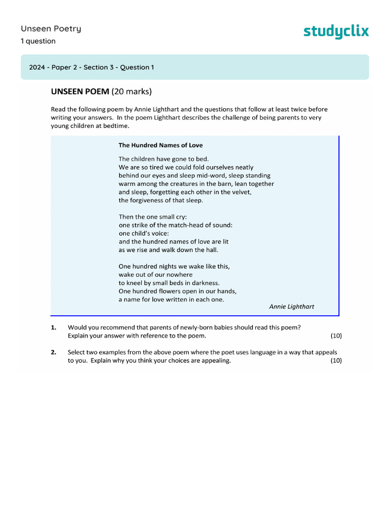 Unseen Poetry Analysis Guide | PDF