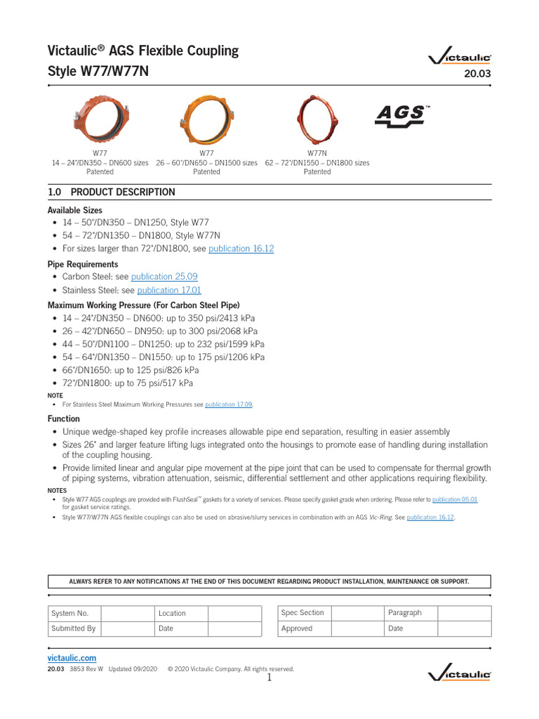 20.03 - Style W77 Flexible Joint (350A 600A) | PDF | Pipe (Fluid Conveyance) | Screw