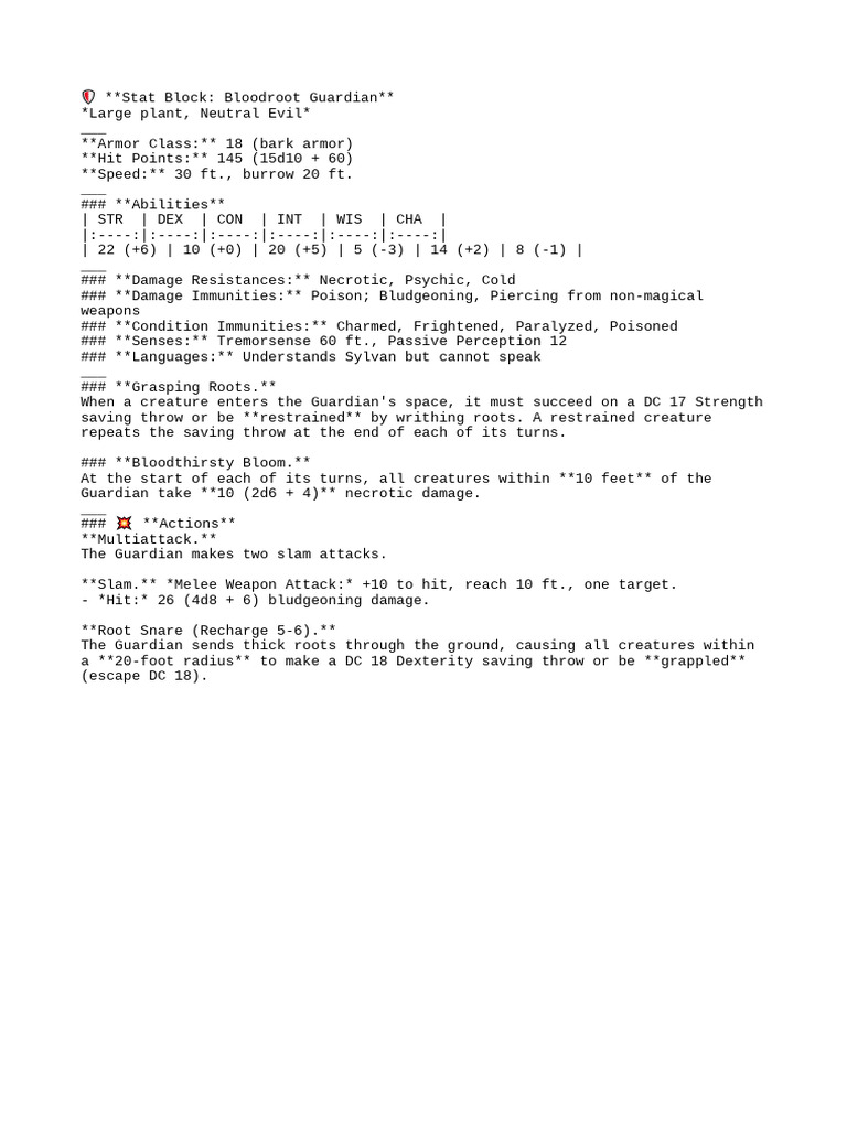 Bloodroot Guardian Stat Block Guide | PDF