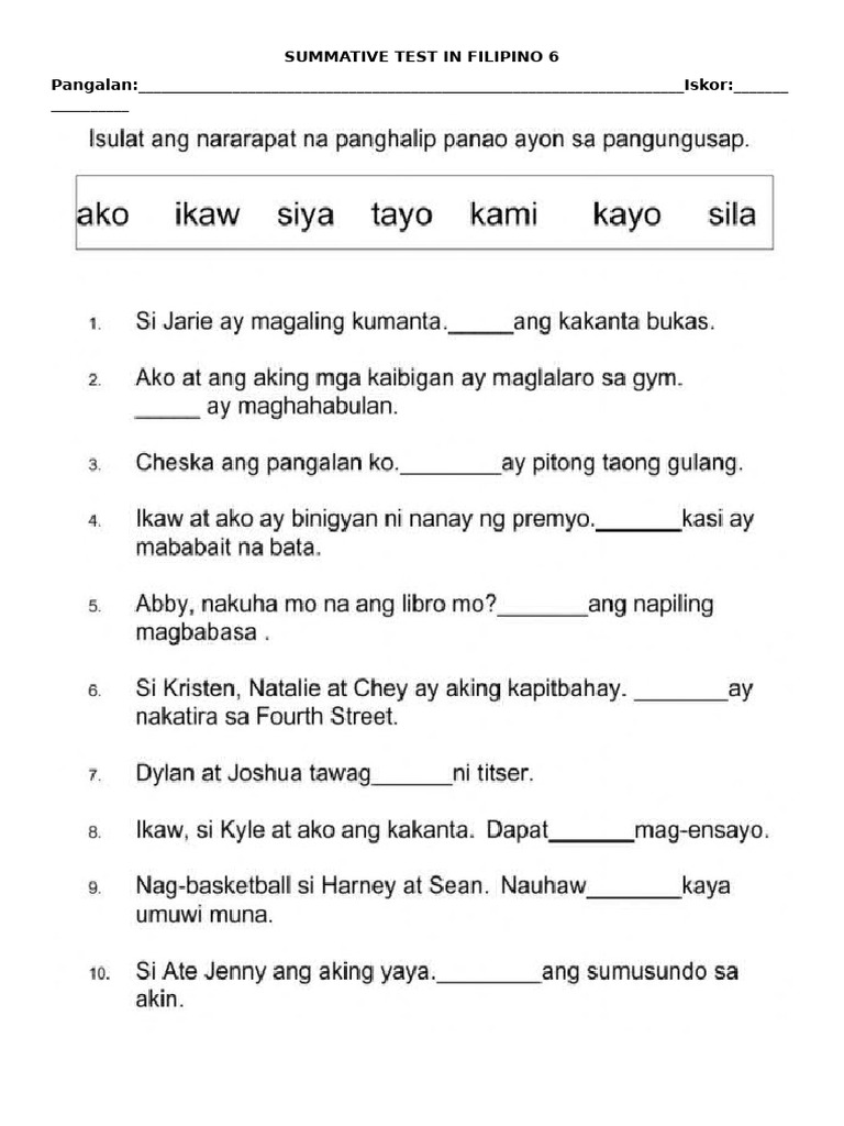 Summative Test in Filipino 6 | PDF