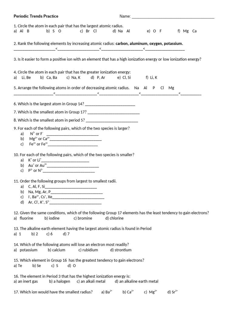 Periodic Trends Practice Questions | PDF | Aluminium | Sodium