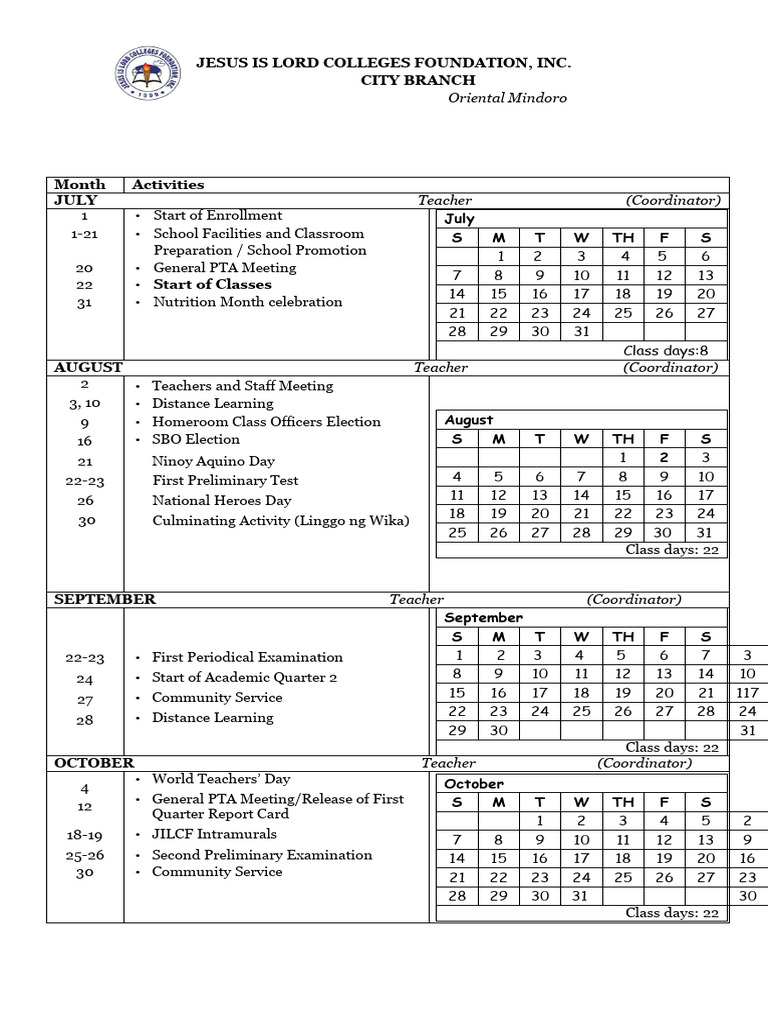 JILCF Monthly Activities Calendar 2024-2025 | PDF | Christian Festivals ...