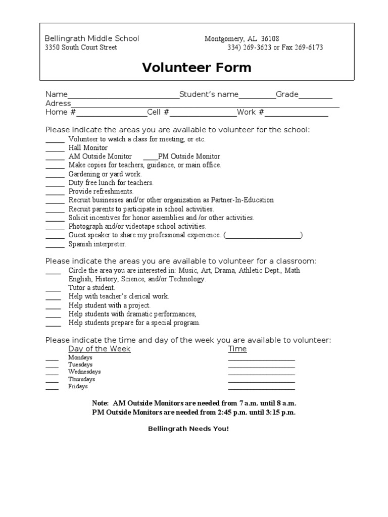 Bellingrath Middle School Volunteer Form | PDF