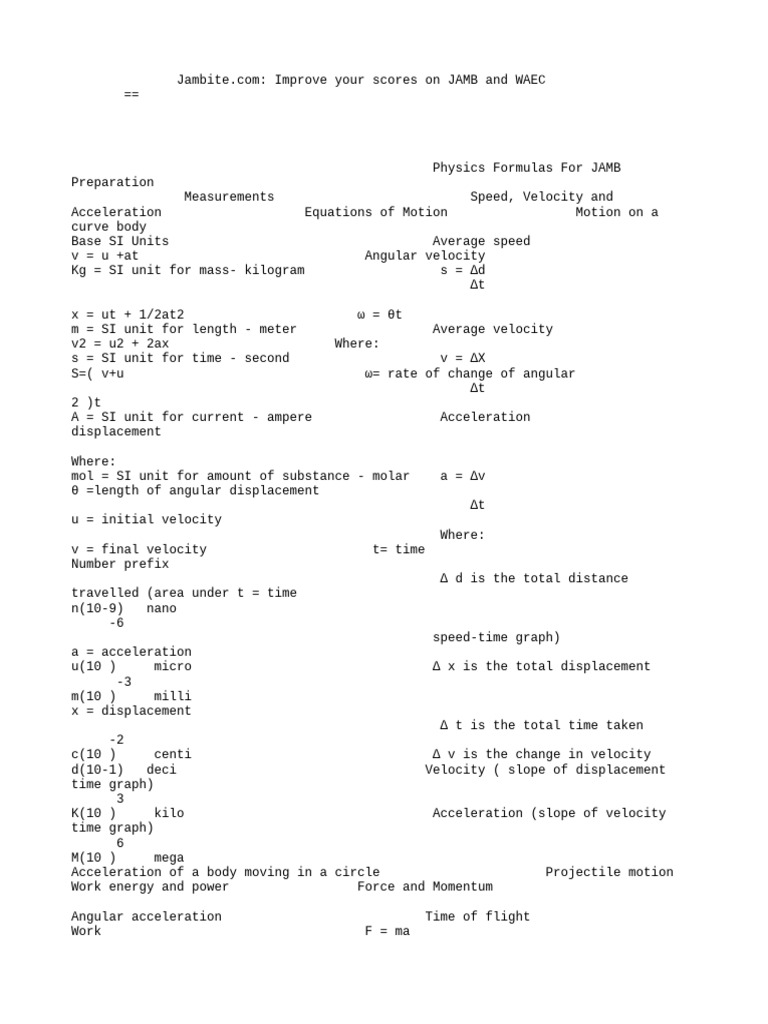 Jamb Physics Formula | PDF | Gases | Acceleration