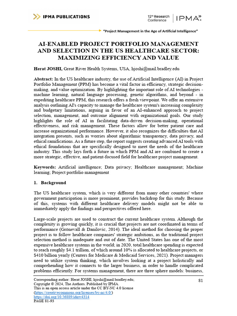 AI-Enabled Project Portfolio Management and Selection in The US Healthcare Sector Maximizing ...