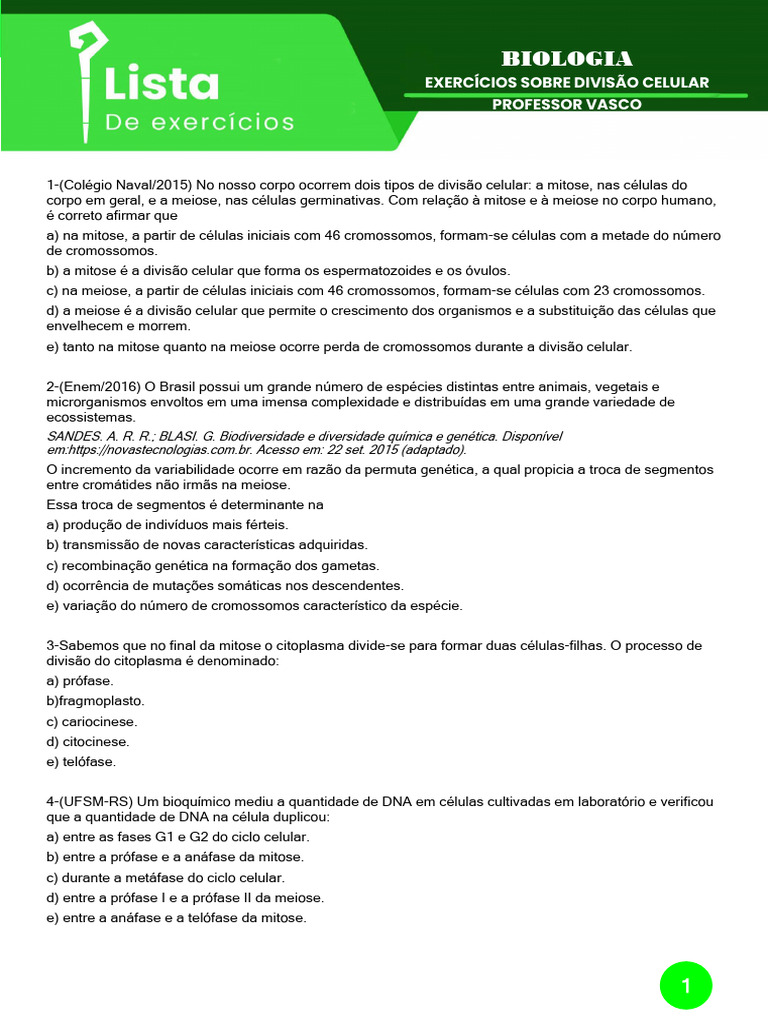 Exercícios Divisão Celular PDF | PDF | Meiose | Mitose