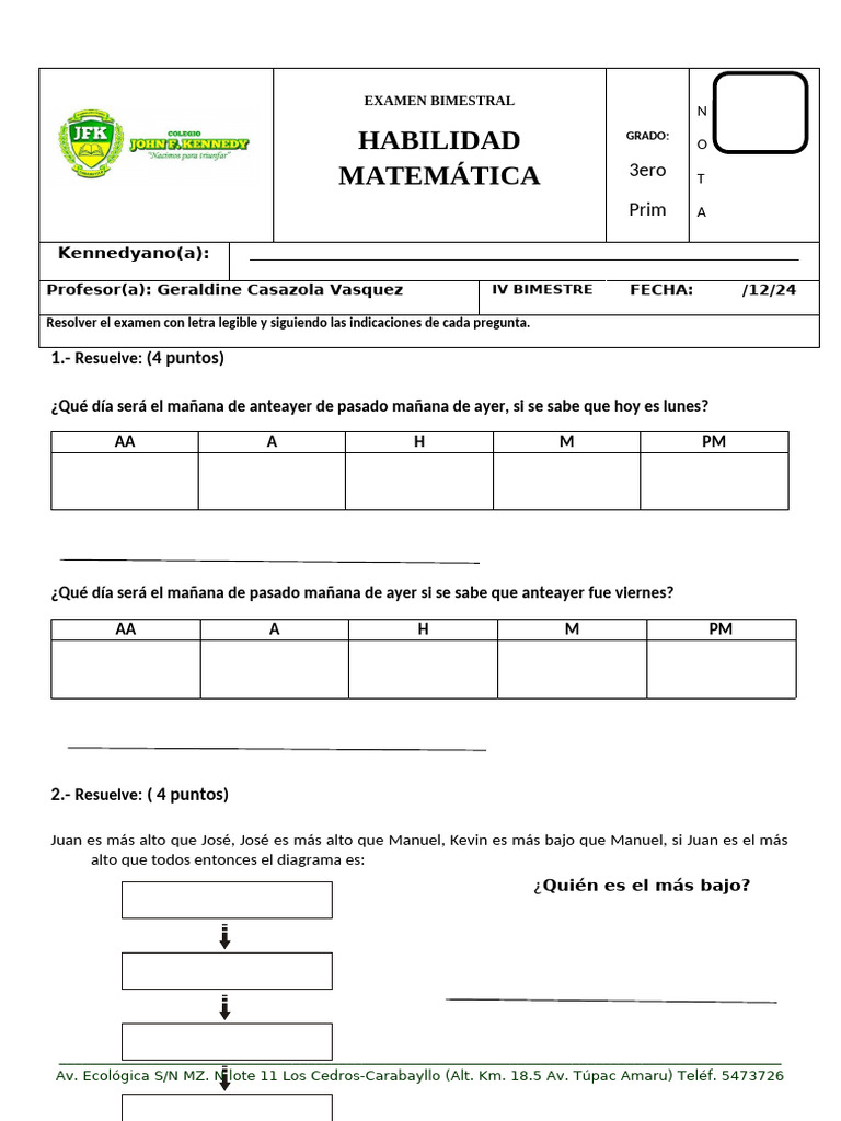 Examen Bimestral de Habilidad Matemática 3er Grado | PDF
