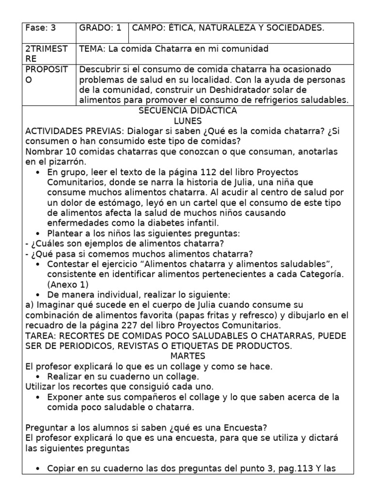Proyecto sobre Comida Chatarra en la Comunidad | PDF | Alimentos ...