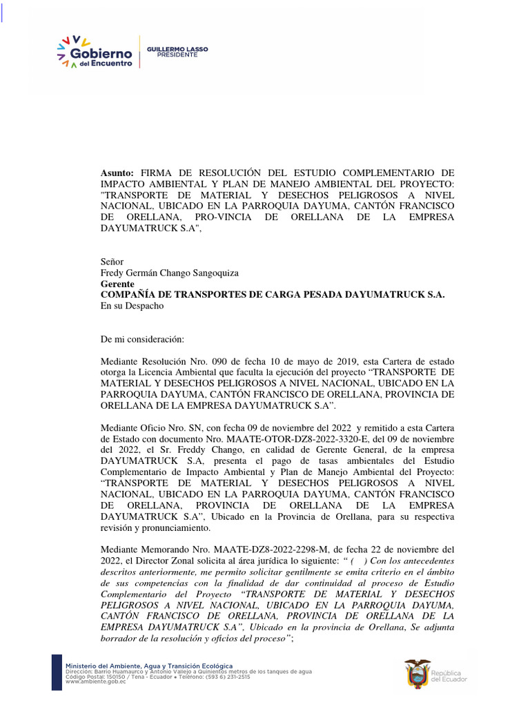 Oficio No. MAATE-DZ8-2035-O Firma de Resolución Del Estudio Complementario 30122022 | PDF