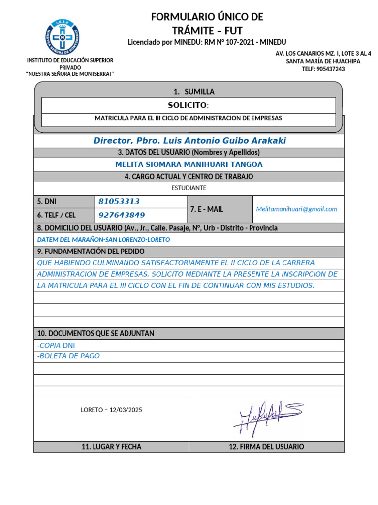 Solicitud de Matrícula III Ciclo Administración | PDF