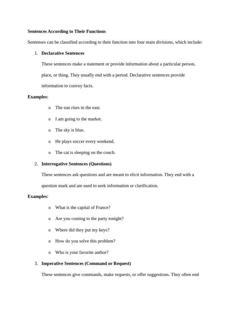 Functions of Sentences Explained | PDF | Sentence (Linguistics) | Grammar