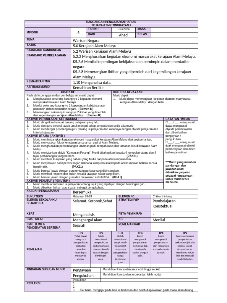 RPH_SMK_MINGGU_6_SEJARAH_TINGKATAN_2_2024_2025_BY_CIKGU_GORGEOUS | PDF