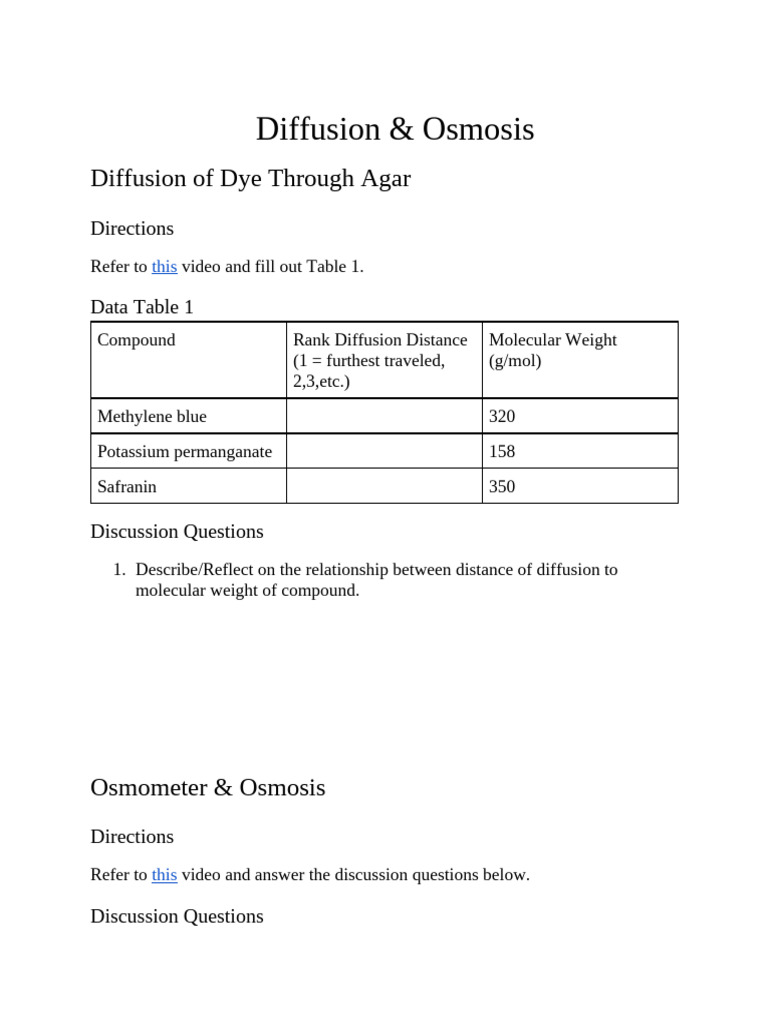 Diffusion and Osmosis Experiments Guide | PDF
