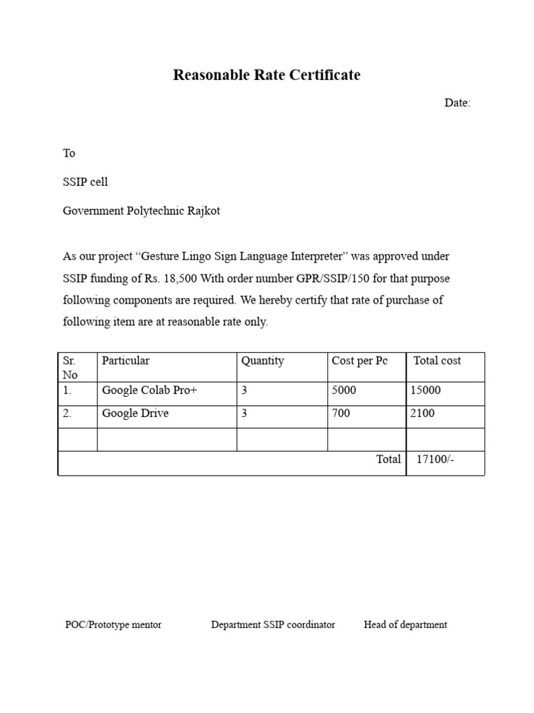 Reasonable Rate Certificate | PDF