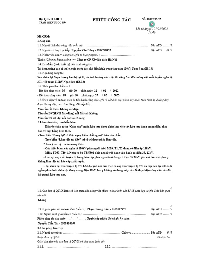 Phieu Cong Tac | PDF