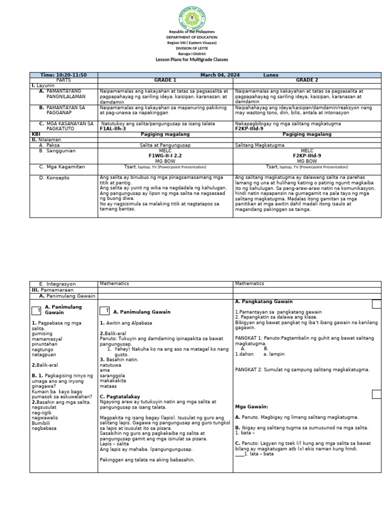 COT Q1-MG Lesson Plan-math1 & 2_w4 | PDF