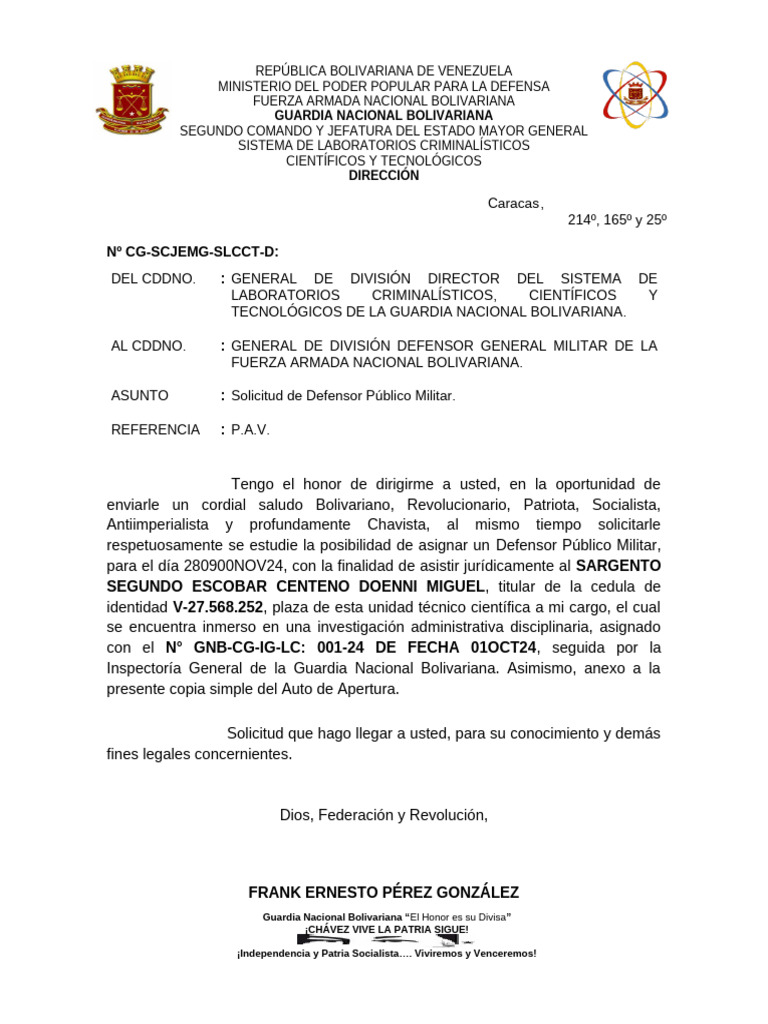 Oficio Solicitud de Defensor Publico Militar | PDF | Gobierno | Venezuela