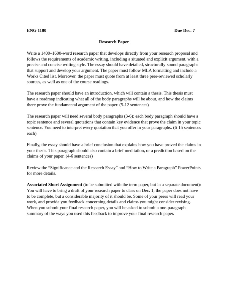 Research Paper Instructions ENG1100 | PDF