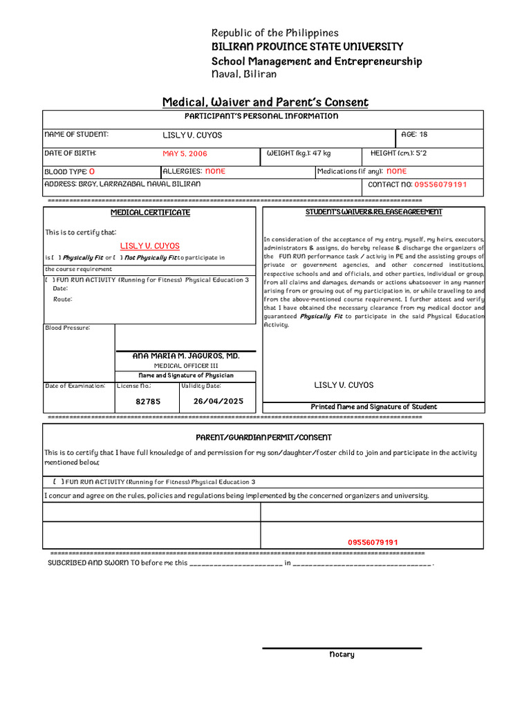 Waiver Medical and Parents Consent Form | PDF