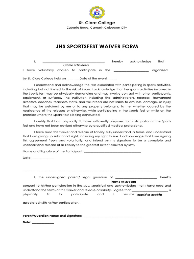 St. Clare College Sportsfest Waiver Form | PDF | Legal Liability | Consent